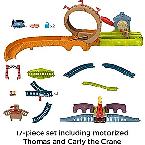 Thomas & Friends Toy Train Set Loop & Launch Maintenance Yard with Thomas Motorized Engine & Carly the Crane for Preschool Kids Ages 3+ Years