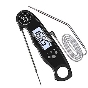 2 in 1 Digital Meat Thermometer for Cooking,Instant Read Food Thermometer for BBQ Grilling,Magnet Foldable Oven Food Thermometer with Calibration,Backlight (Black)