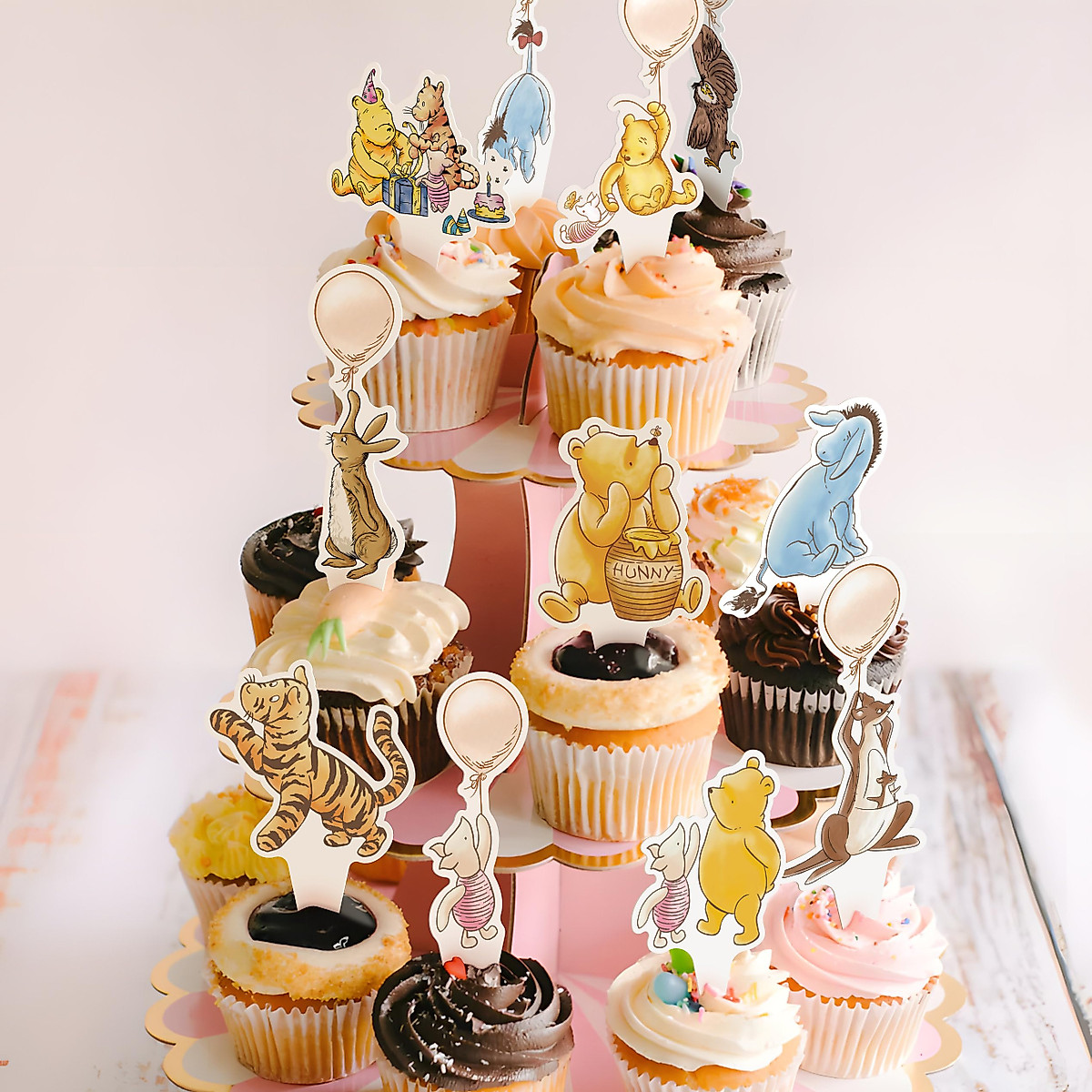 WEECUTES® Winnie Baby Shower Decorations Cupcake Toppers Classic Pooh Cake Decor Party Favors Boys and Girls First Birthday Supplies 48 Pcs