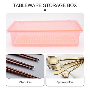 DOITOOL Flatware Tray with Lid and Drainer, Tableware Utensil and Cutlery Drawer Organizer with Lid Covered Silverware Tray to Keeps Your Cutlery Organized and Protected (Pink)