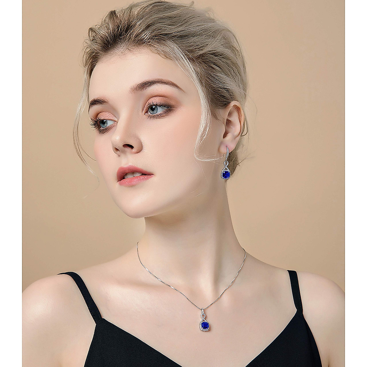 Cubic Zirconia Wedding Jewelry Sets - Women's Vintage Sterling Silver Infinity Square Blue Sapphire Crystal CZ Rhinestone Necklace Earring Set Bridal Jewelry for Bride Bridesmaids Mother of Bride