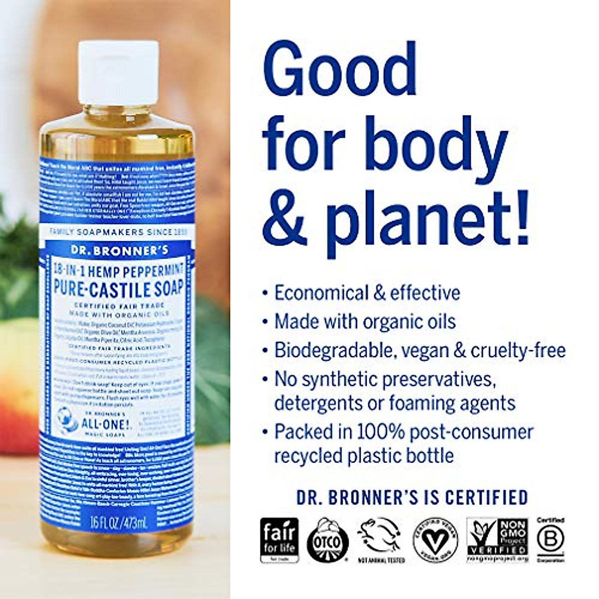 Dr. Bronner’s - Pure-Castile Liquid Soap (Peppermint, 16 ounce) - Made with Organic Oils, 18-in-1 Uses: Face, Body, Hair, Laundry, Pets and Dishes, Concentrated, Vegan, Non-GMO