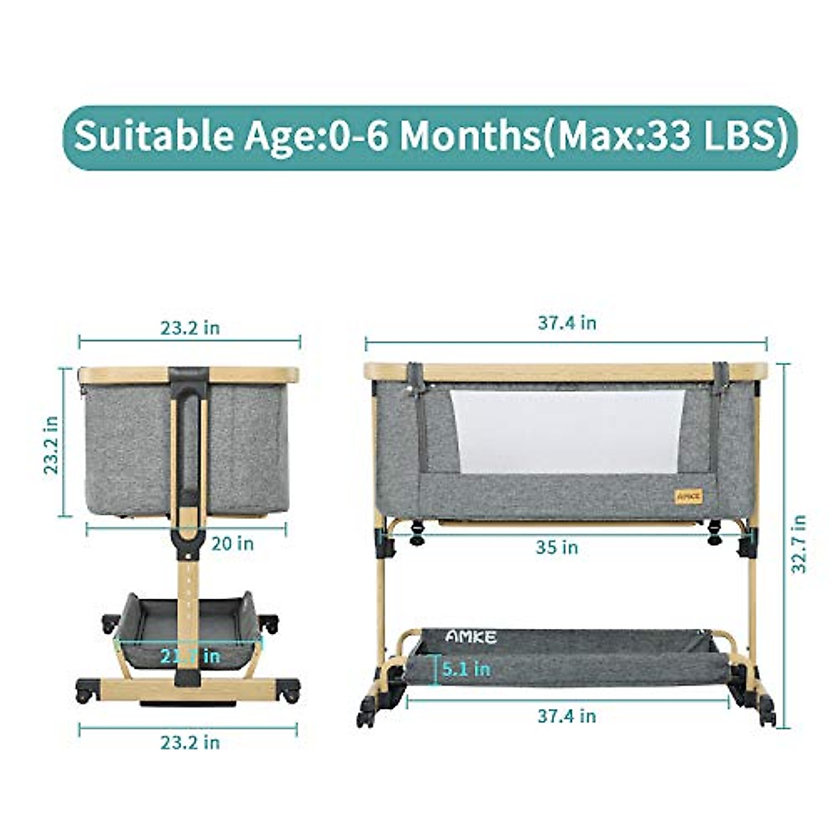 AMKE 3 in 1 Baby Bassinets, Bedside Sleeper for Baby, Baby Crib with Storage Basket for Newborn, Easy Folding Bassinet for Baby and Safe Co-Sleeping,Adjustable Portable Baby Bed,Travel Bag Included