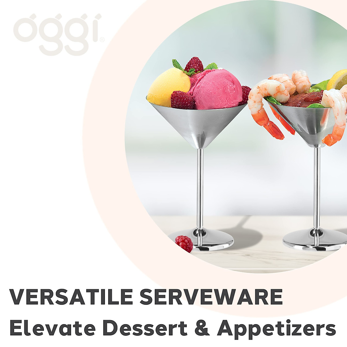 OGGI Stainless Steel Martini Glasses - 8oz, Set of 2 - Unbreakable Martini Glasses, Ideal Outdoor Martini Glasses for Boating, RV, Parties, Stylish Cocktail Glasses & Martini Glass Gift Set