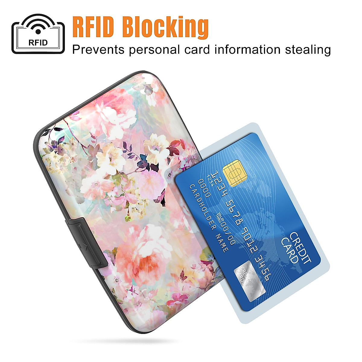 Rimilak Aluminuml Credit Card Holder, Mini Credit Card Wallet RFID Blocking Slim Metal Hard Case for Women Men, Pink Flower