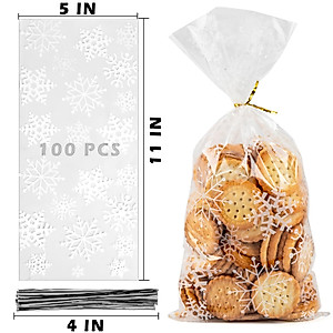 Labeol 200pcs Cellophane Bags 5X11 Christmas Treat Bags with Ties Goodie Bags Clear Gift Bags for Candy Cookie Party Favor Winter Wonderland Birthday Baby Shower Blue White Snowflake