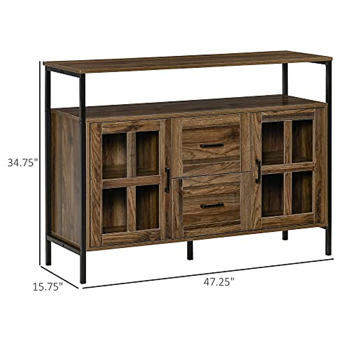 HOMCOM Industrial Sideboard Buffet Cabinet, Coffee Bar Cabinet with Adjustable Shelves, Glass Doors, and 2 Drawers for Kitchen, Living Room, Brown