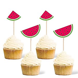 Gexolenu 24 Pcs Watermelon Cupcake Toppers Glitter Fruit Theme Summer Watermelon Cupcake Picks for Kid Baby Shower Party Decorations Boy Girl Birthday Cake Party Supplies
