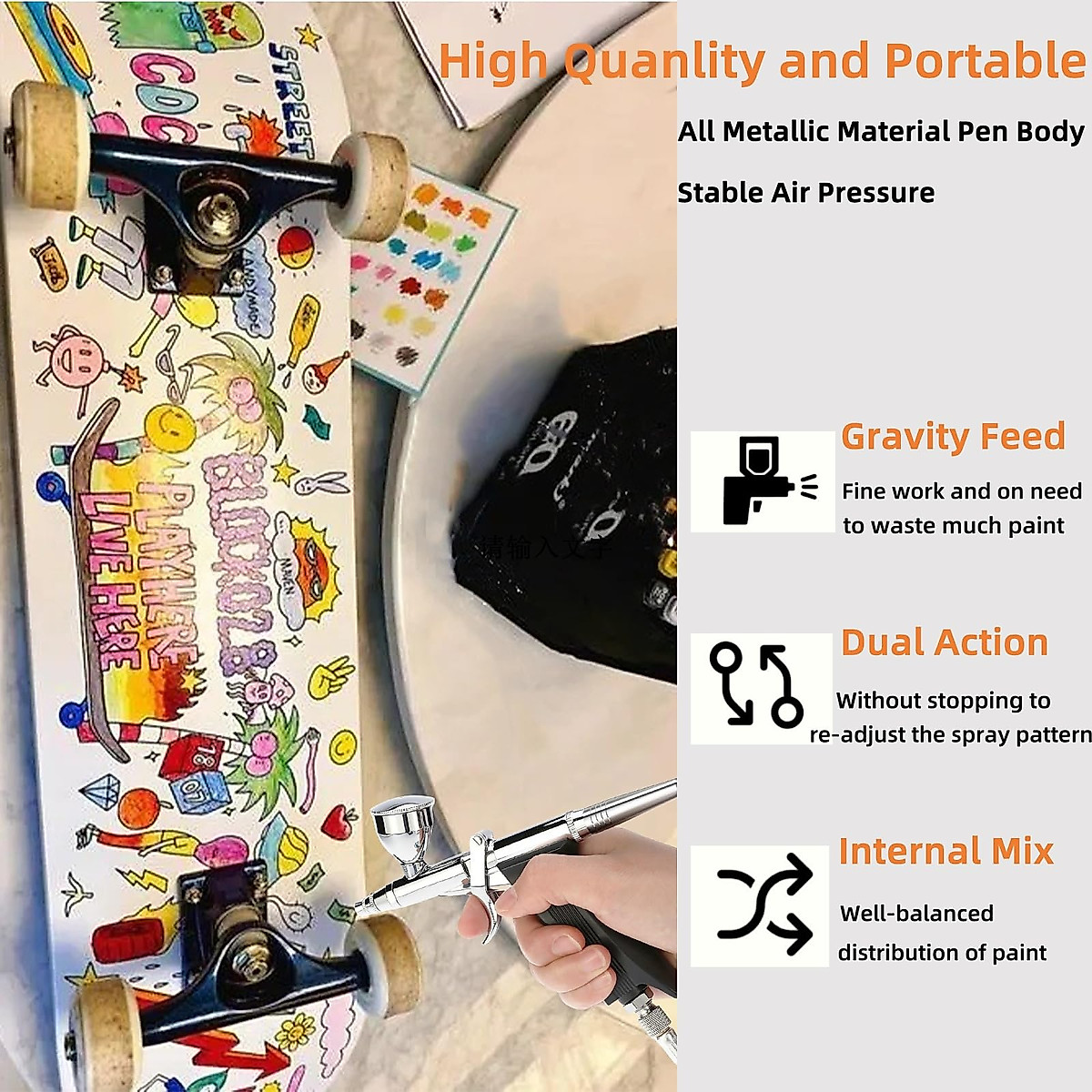 Airbrush kit, Airbrush Gun, Dual-Action Air Brush Set, Trigger Air Brush Spray Gun with 0.3, 0.2, 0.5mm Needles, 3 Sets Nozzles, Air Cap, Paint Cup, Air Hose, for Painting Nails Cake Tattoo Makeup