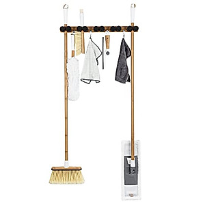 Full Circle Get A Grip Mop and Broom Organizer – Wall Mounted Storage for Kitchen or Closet – Lightweight Bamboo Hanging Broom Holder with Foam Pegs – Easy to Install Home Organization, Large