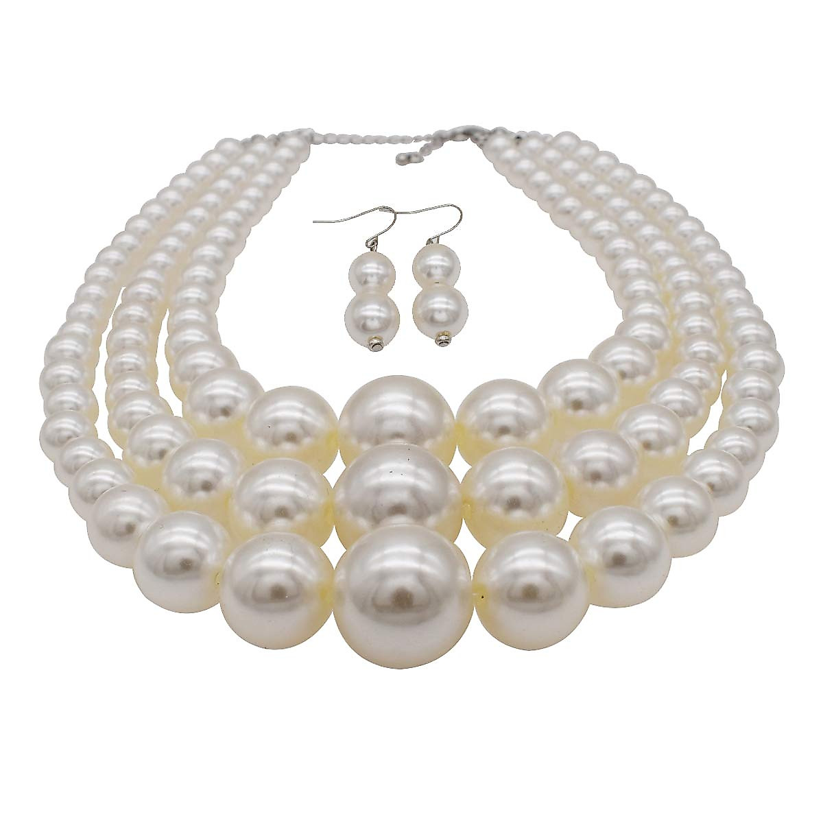 We Imitation Pearl Necklace for Women Large Chunky Pearl Necklaces Multilayer Pearl Necklace and Earring 1920s Costume Jewelry set (white pearl necklace set)