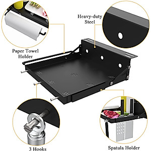 New Upgraded Griddle Caddy Shelf for Blackstone 17"/ 22"/ 28" Griddle, Addition Side Rack Storage Tray with Paper Towel Holder, Spatula Holder and 3 Hooks Organizer for Blackstone Grill Accessories