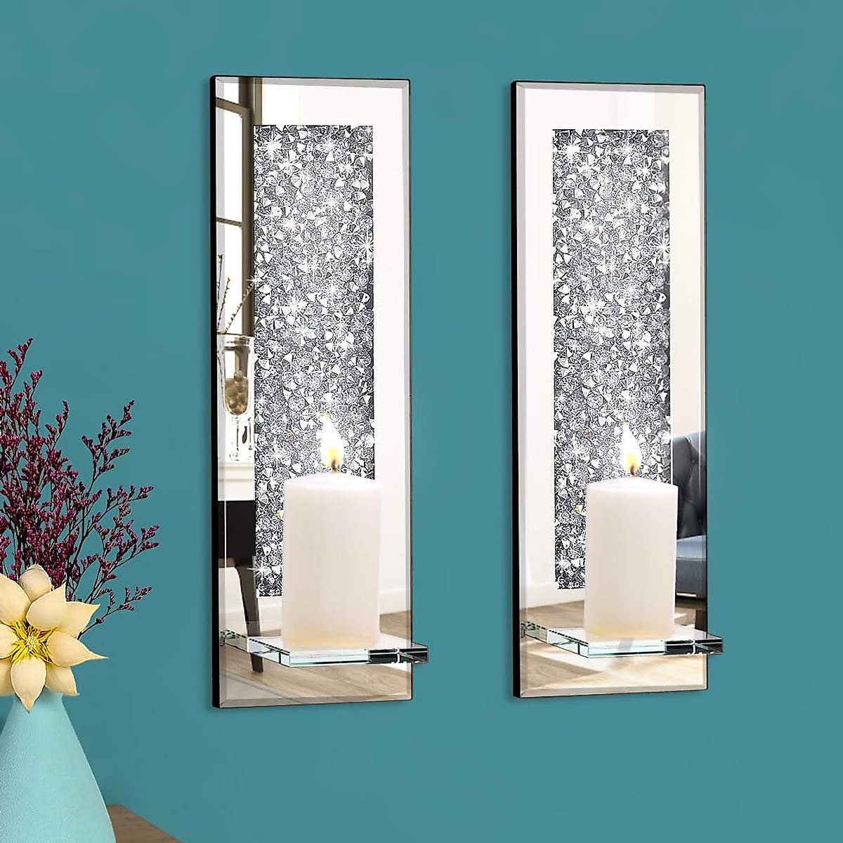 Pibeyer Crystal Crush Diamond Wall Candle Holder Set of 2, Rectangle Silver Mirrored Candle Sconces, Home Wall Decoration for Living Room,Dining Room & Bedroom