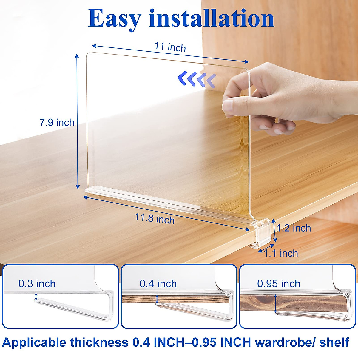 HONSREO Shelf Dividers for Closet Organization, 6 Pack Acrylic Shelf Divider for Clothes Purses, Clear Plastic Separators for Wood Shelves Organizer, Cabinets, Bedroom, Kitchen, Office