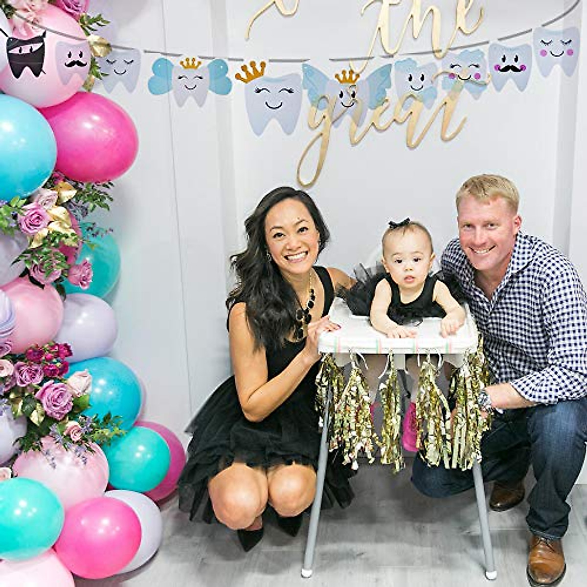 Aduck Baby Shower Decorations Tooth Party Banner for Boys or Girls Birthday Party, 10 Different Smilling Tooth Angel Deisgn with Cute Mustache, Cloud and Crown.