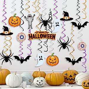 Funnlot Halloween Office Decorations Halloween Hanging Decorations Indoor 46PCS Halloween Hanging Swirl Decorations Include Pumpkin Bat Ghost Spider Mummy Eyeball Witch Hat Happy Halloween