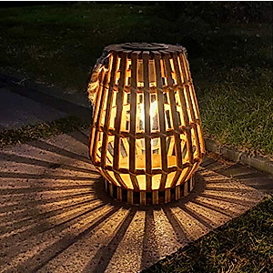 Solar Lantern Outdoor-Bamboo Lamps Patio Waterproof Rattan Solar Lanterns-Natural Auto On Off Lantern Edison Bulb Light with Handle for Hanging Table Yard Garden Wedding Home Decoration