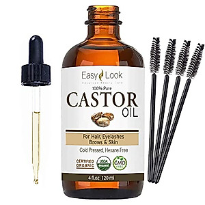 EASY LOOK Castor Oil 4oz, USDA Certified Organic 100% Pure, Stimulate Growth for Eyelashes, Eyebrows, Hair. Skin Moisturizer & Hair Treatment Starter Kit