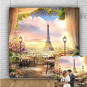Leowefowa 5X5FT Vinyl Backdrops Photography Background Eiffel Tower Wooden Chair Desk Curtain Flowers Romantic Backdrop for Kids Lover 1.5(W) X1.5(H) M Photo Studio Props