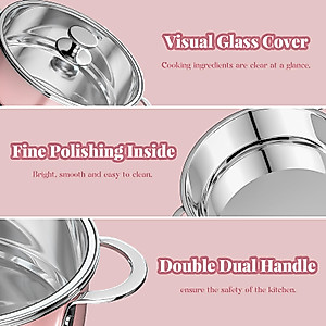 Tauvirboff Cooking Pot with Lid, 7 Quart Non Stick Pink Stainless Steel Pot with Glass Lid, Large Capacity Nonstick Stock Pot Dual Handle Soup Pot Pasta Pot Suitable for All Stoves, PFOA Free (Pink)