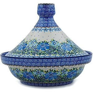 Authentic Polish Pottery Tagine Pot Signature UNIKAT in Morning Glory Design Handmade in Bolesławiec Poland by Ceramika Artystyczna + Certificate of Authenticity