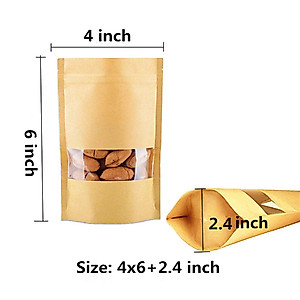 Kraft Heat Sealable Stand Up food Pouches Paper Mylar Bags With Clear Window And Zip Lock,Heavy Duty Decorative Resealable Recycled For DIY Homemade Chips Favor Cookies Christmas (50pcs 4x6+2.4 inch)