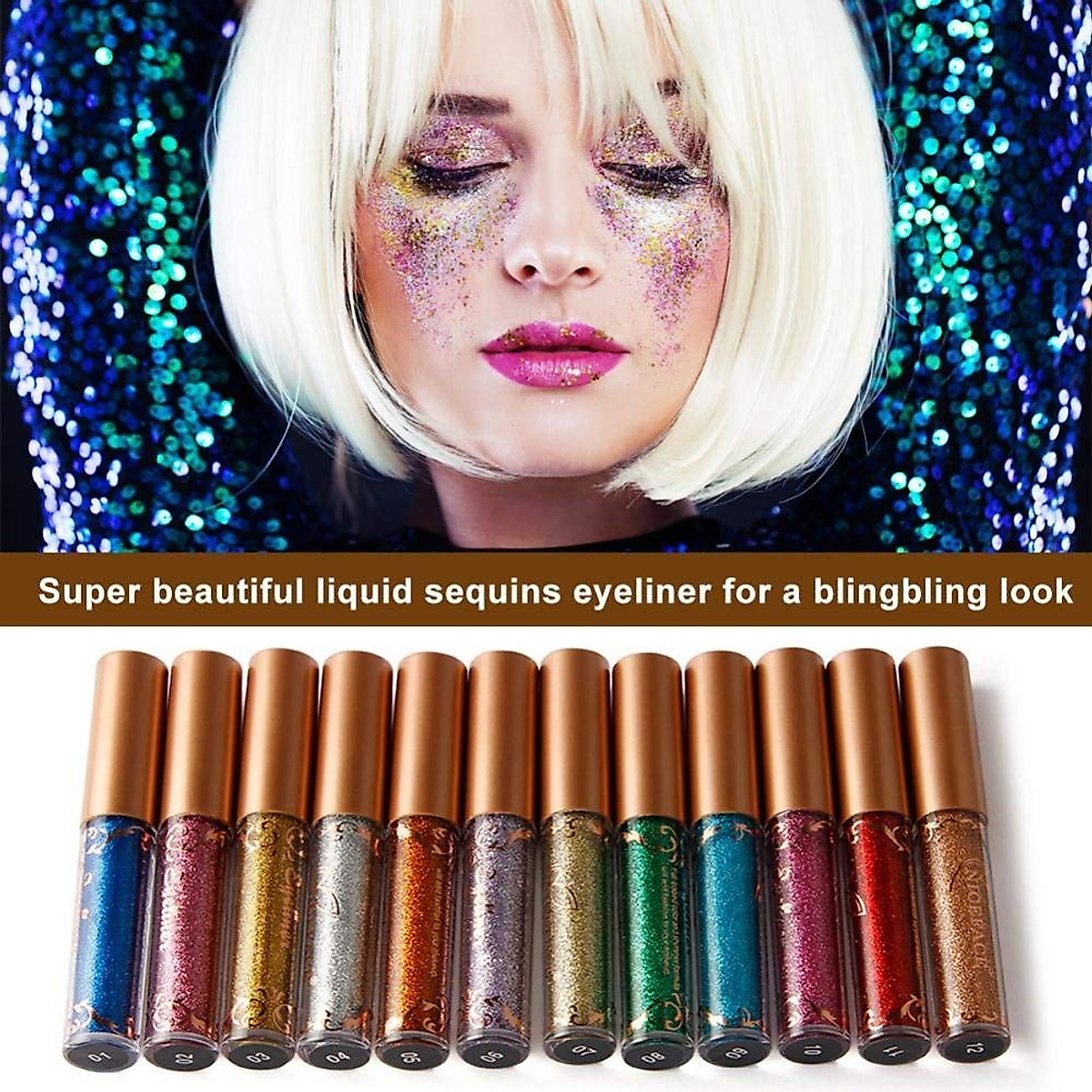 12 Colors Glitter Diamond Eyeliner Liquid Shining Metallic Eyeliner Eye Makeup (Blue#01)