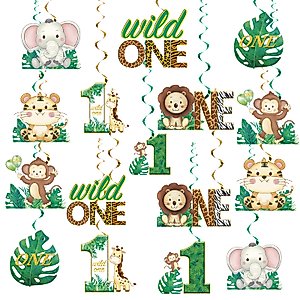 16pcs Wild One Birthday Decorations Hanging Swirls for Boys Girls, Jungle Safari Theme 1st Birthday Foil Swirls Party Supplies, Safari Animal First Bday Ceiling Sign Decor