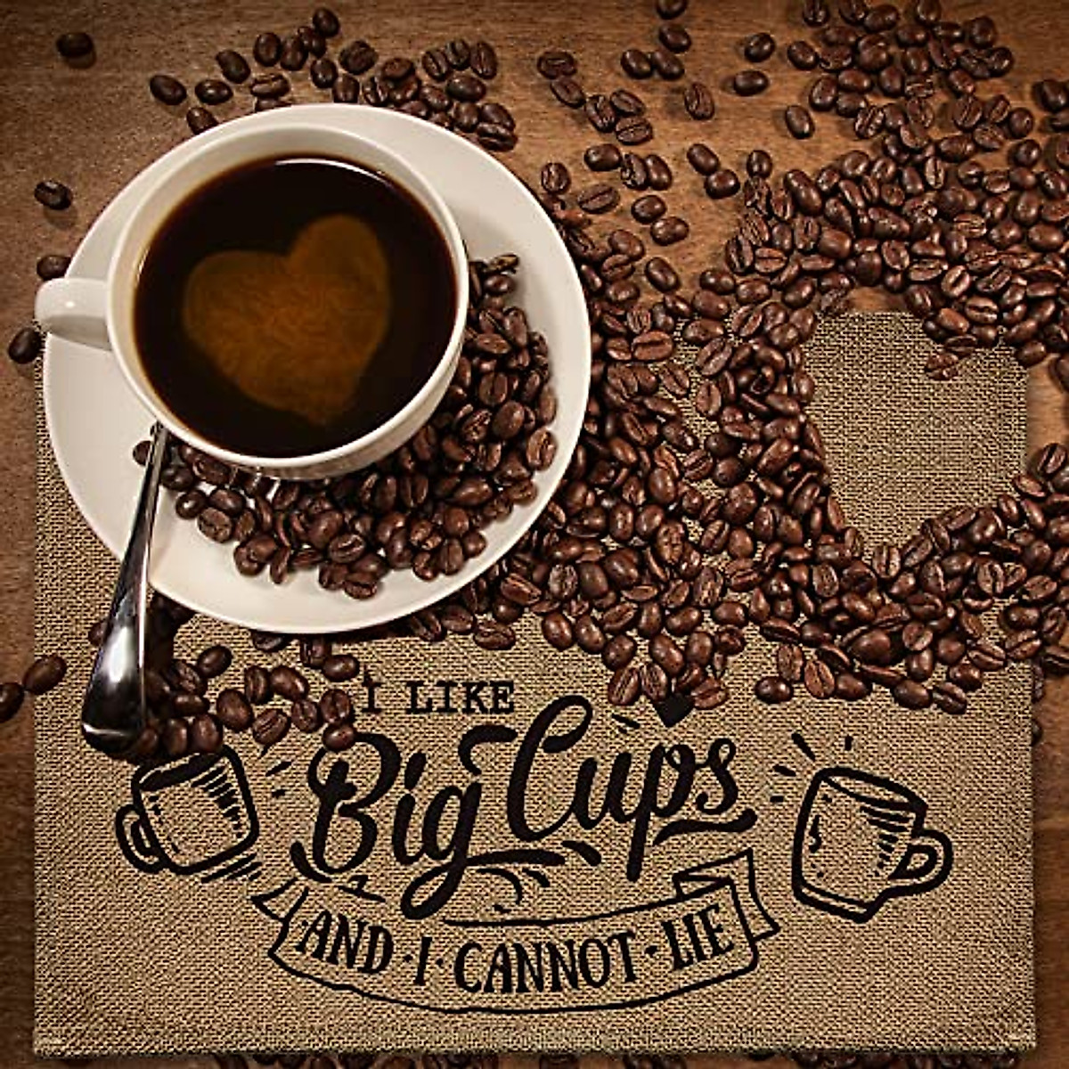 2 Pieces Waterproof Coffee Bar Mat -Big Cups/ Coffee Time, Burlap Coffee Maker Mat/Pad- Waterproof Coffee Station, Funny Coffee Lovers Gifts, Home Decor Parties Daily Use.