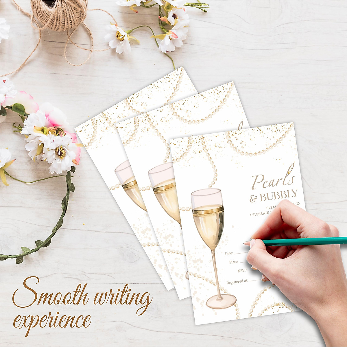 YKYENR Bridal Shower Invitations - Pearls & Bubbly - 4 x 6 Inches Invites (25 Cards & Envelopes) For Wedding Showers, Newlyweds Parties And Receptions - A08