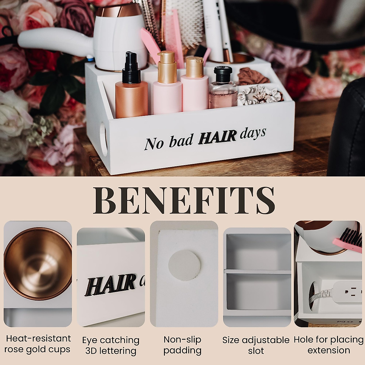 Hair Tool Organizer w/ 7 Compartments - Wooden Hair Product Organizer - Hair Straightener, Brushes, Bathroom Hair Dryer Holder w/ 2 Rose Gold Cups - Hot Tools Organizer for Bathroom Counter or Vanity