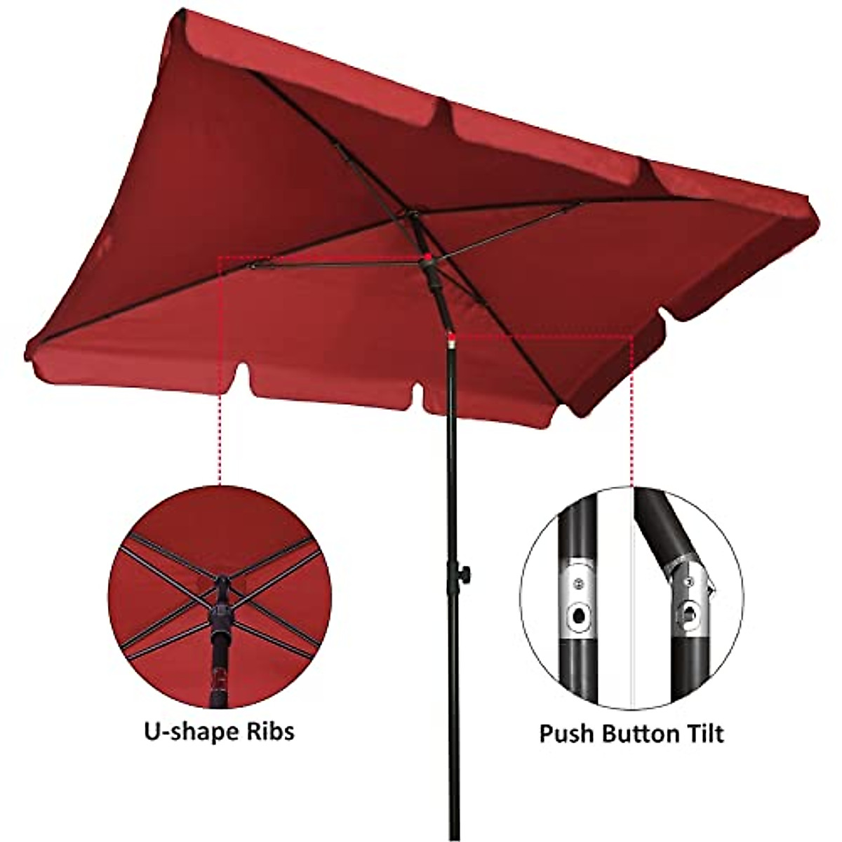 AMMSUN 6.5 x 4.2ft Rectangular Patio Umbrella Outdoor Market Table Umbrella Steel Pole and Ribs Push Button Tilt, Maroon