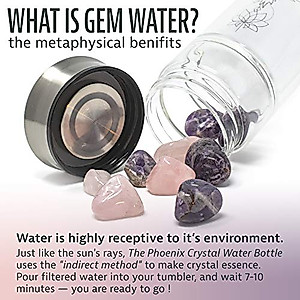 Phoenix Crystal Water bottle, a Loose Leaf Tea Infuser Bottle, double wall glass for hot and cold drinks. Large Rose Quartz Crystal and Amethyst Stone. Eco-friendly & relaxing gifts for women