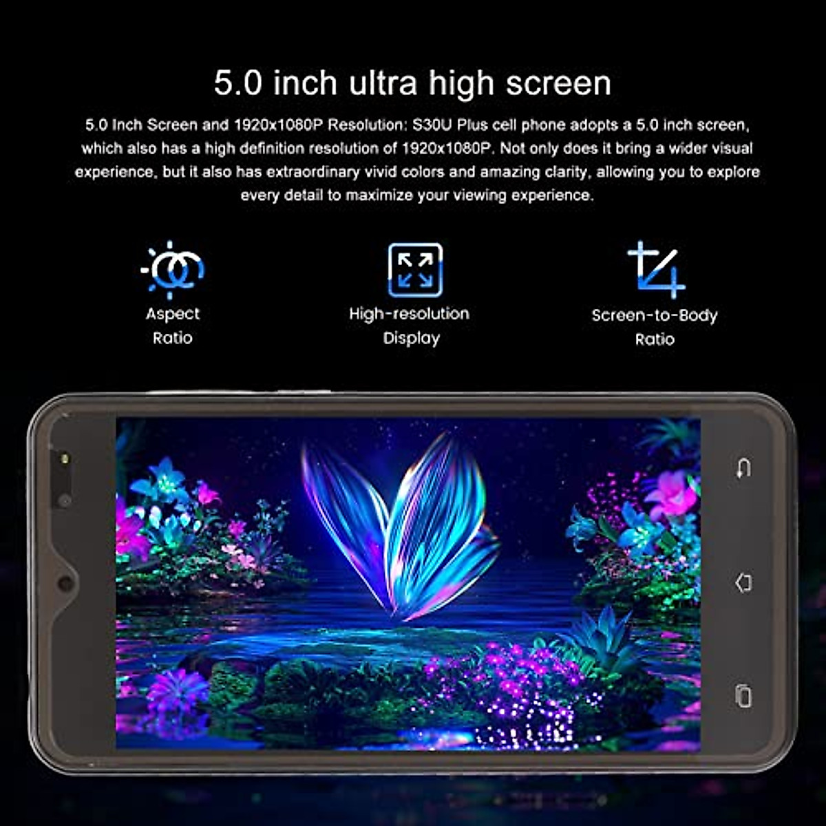 S30U Plus Smartphone, 5 inch 5G RAM 2GB ROM Unlocked Cell Phone with 5MP 8MP Dual Camera, 4800mAh 8 Core MTK6580 Mobile Phone for 11, Black