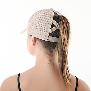 HGGE 2 Pack Womens Criss Cross Ponytail Baseball Cap Adjustable High Messy Bun Ponycap Quick Drying Dad Hat for Outdoor Sports Travel Black & Khaki