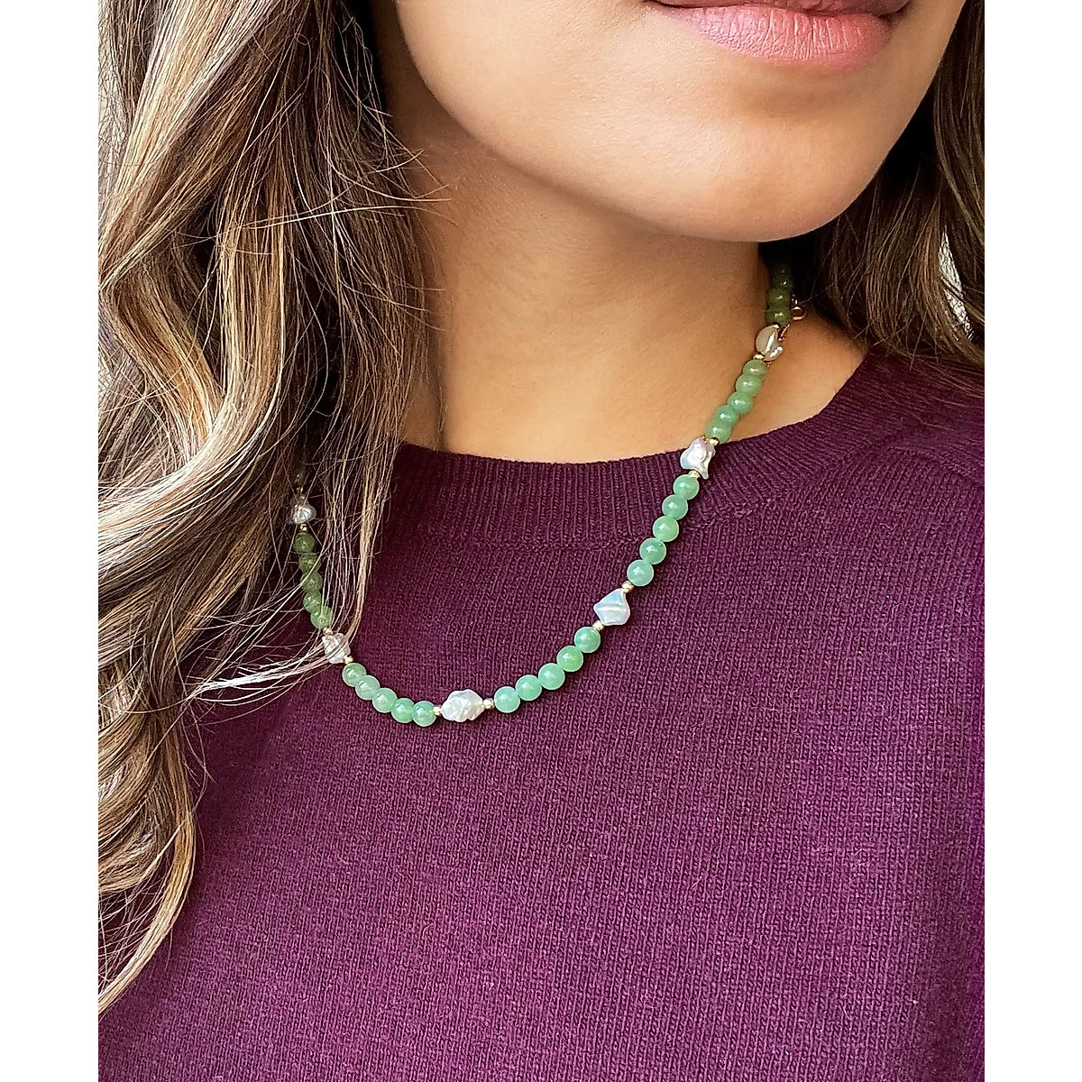 14k Yellow Gold Natural Green Jade and Keshi Freshwater Pearl Necklace for Women (18")