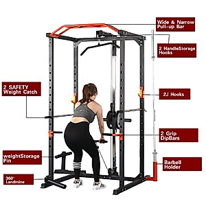 HAUSHECK Power Racks for Home Gym, Adjustable Squat Rαck with Pull Up Bar, J-Hooks, Dip Handles, 1400lbs Multi-Function Powēr Cage with Training Attachment, Orange