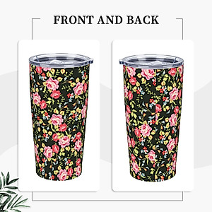 Yaxongx 20oz Tumbler Rose Flower Printing Double Wall Vacuum Insulated Coffee Mug with Lid and Metal Straw Brush Reusable Stainless Steel Water Bottle Travel Cup Gifts for Car Ice Drinks Hot Beverage