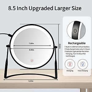 DOWRY 8.5'' Lighted Makeup Vanity Mirror with Magnification, Rechargeable 1x 10x Magnifying Mirror with 3 Color Light Brightness Adjustable, 360°Rotation Double Side Desk Cosmetic Mirror…