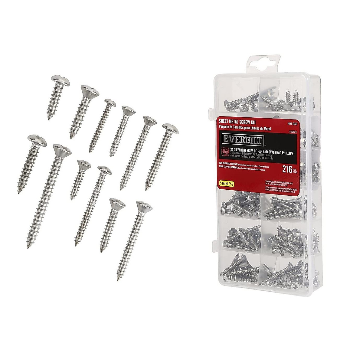 216 Pieces Stainless Steel Self Tapping Sheet Metal Screw Assortment, 34 Different Size of Oval and Pand Head for Fastening Wood, Metal or Fiberglass