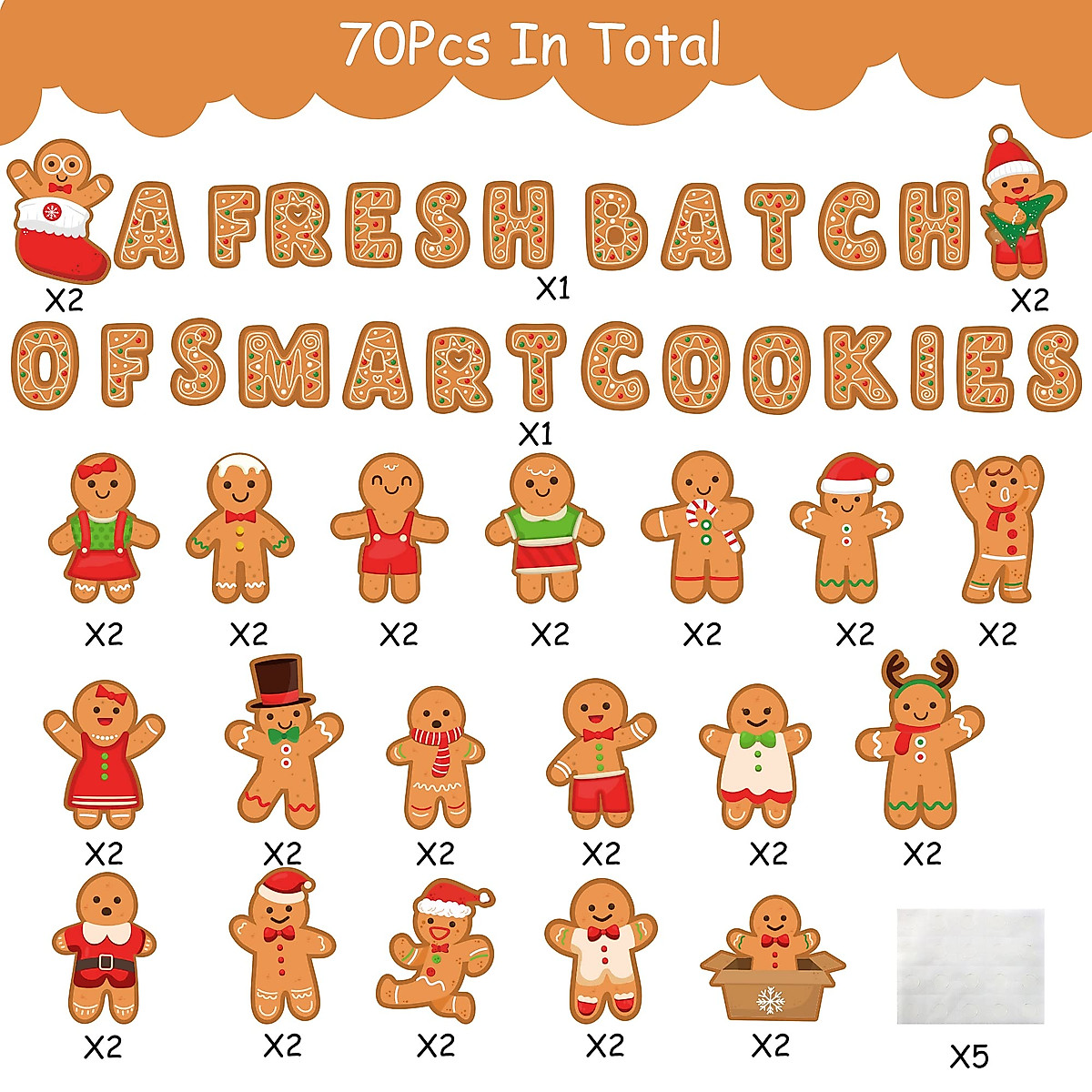 Haooryx 70Pcs Winter Christmas Mini Gingerbread Bulletin Board Classroom Decoration, Gingerbread Man Paper Cut-Outs Blackboard Border Decor for Christmas Party Home School Classroom Window Wall Decor