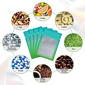 Funfery 100 Pack Smell Proof Resealable Bags for Food Storage,Cute Mylar Clear Bags for Small Business Foil Pouch Ziplock Packaging Bags for Sample Jewelry Eyelash Gloss(Blue Green,2.7X3.9in)