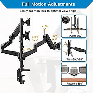 HUANUO Triple Monitor Stand - 3 Monitor Mount with Gas Spring Monitor Arm Fit Three 17 to 32 inch Flat/Curved LCD Computer Screens with Clamp, Grommet Kit, Black