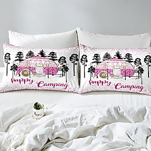 Feelyou Camper Duvet Cover Twin Size with 1 Pillow Case Happy Camping Duvet Cover Set Pink RV Camping Bedding Set Cartoon Cat Comforter Cover for Boys Girls Kids Adults