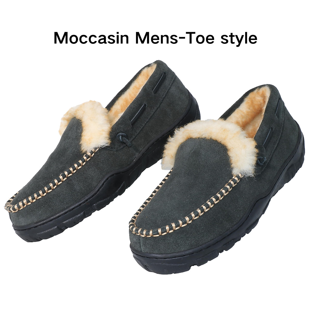 PEDOQU Men's Moccasin Slippers Genuine Suede Uppers Shearling Lining Memory Foam House Shoes, Indoor and Outdoor Warm Loafer