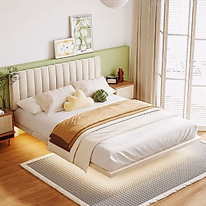 AnwickNomo Floating Velvet Bed Frame Queen with Sensor Light and Headboard, Upholstered Led Queen Platform Bed Frame for Boys Girls Kids, Light Up Bed Frame, Bedroom Sets, Noise-Free (Beige)