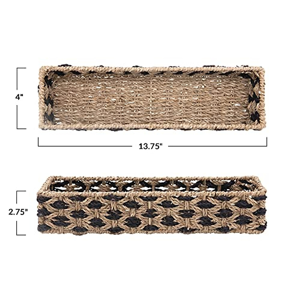 Bloomingville Boho Hand-Woven Rectangular Seagrass and Metal Basket Storage Box, Black & Natural