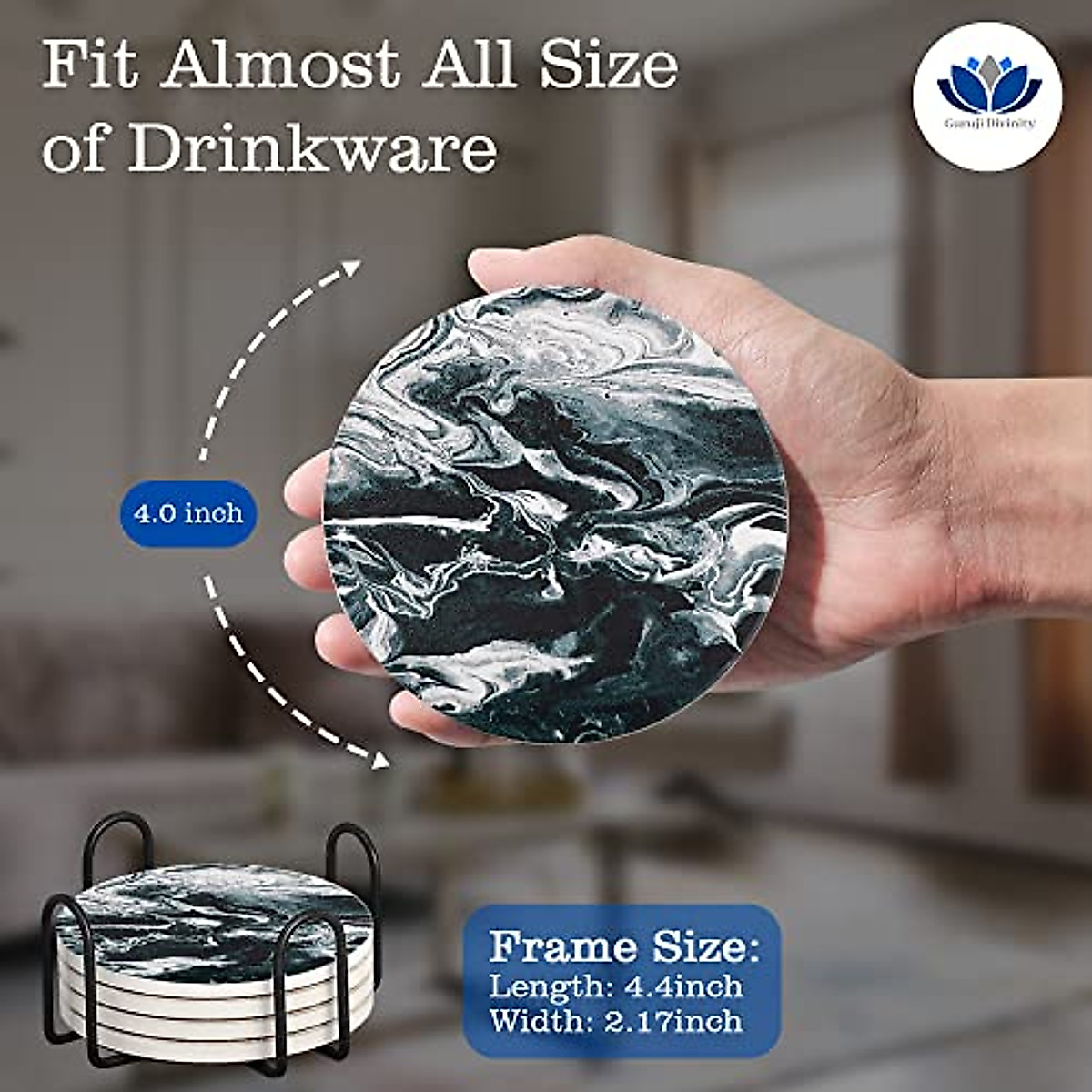 Coasters for Drinks, Round Absorbent Ceramic Stone Coasters Set of 6 with Cork Base, Funny Drink Coasters with Holder for Cold Drinks Wine Mugs and Cups Tabletop Protection, 4 Inches (Black)