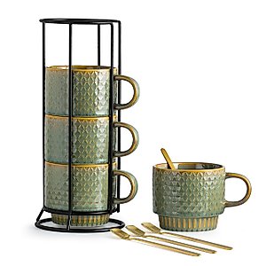 LYEOBOH Coffee Mug, Coffee Mugs Set of 4, Stackable Coffee Mugs with Rack and Spoons - 13 Oz Coffee Cup Set with Stand, Ceramic Coffee Mugs for Home & Kitchen, Blue and Green