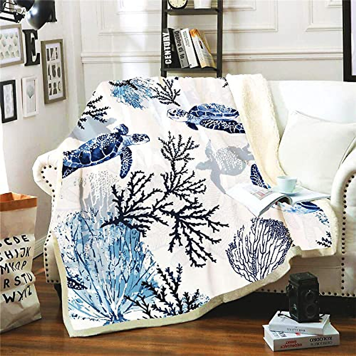 LINGXUQK Sea Turtle Fleece Throw Blanket Underwater World Sea Turtle Sea Grass Natural Watercolor Style Plush Sherpa Blanket Cozy Fluffy Blanket Sea Turtle Gifts…
